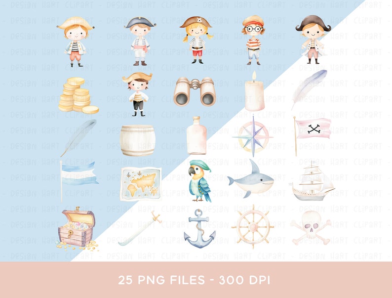 Pirate Clipart Bundle Watercolor Treasure Ship Map Skulls Nautical PNG ...