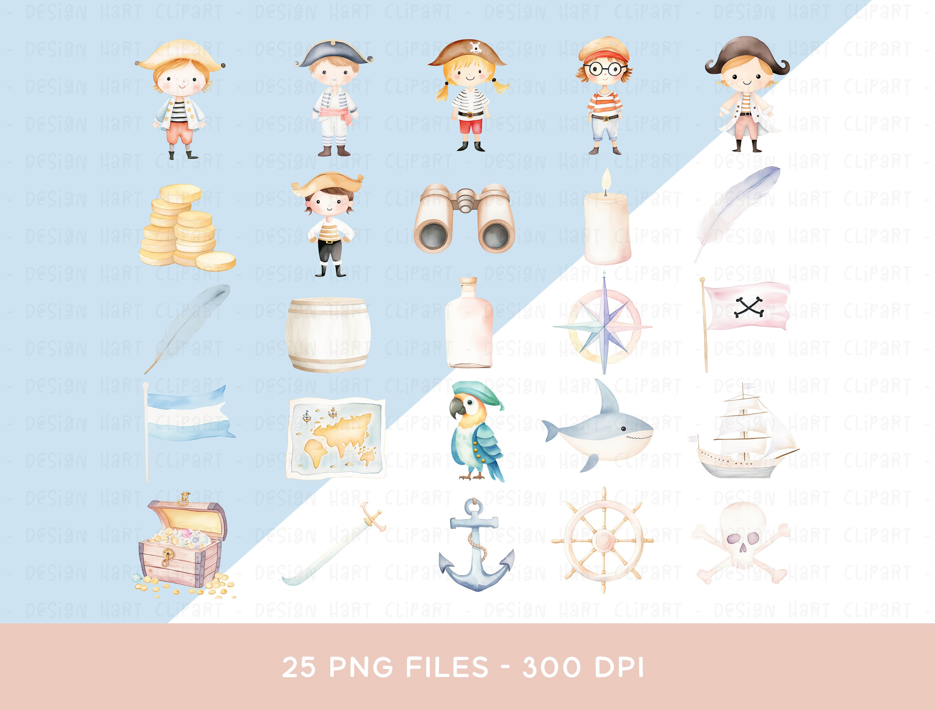 Pirate Clipart Bundle Watercolor Treasure Ship Map Skulls Nautical PNG ...