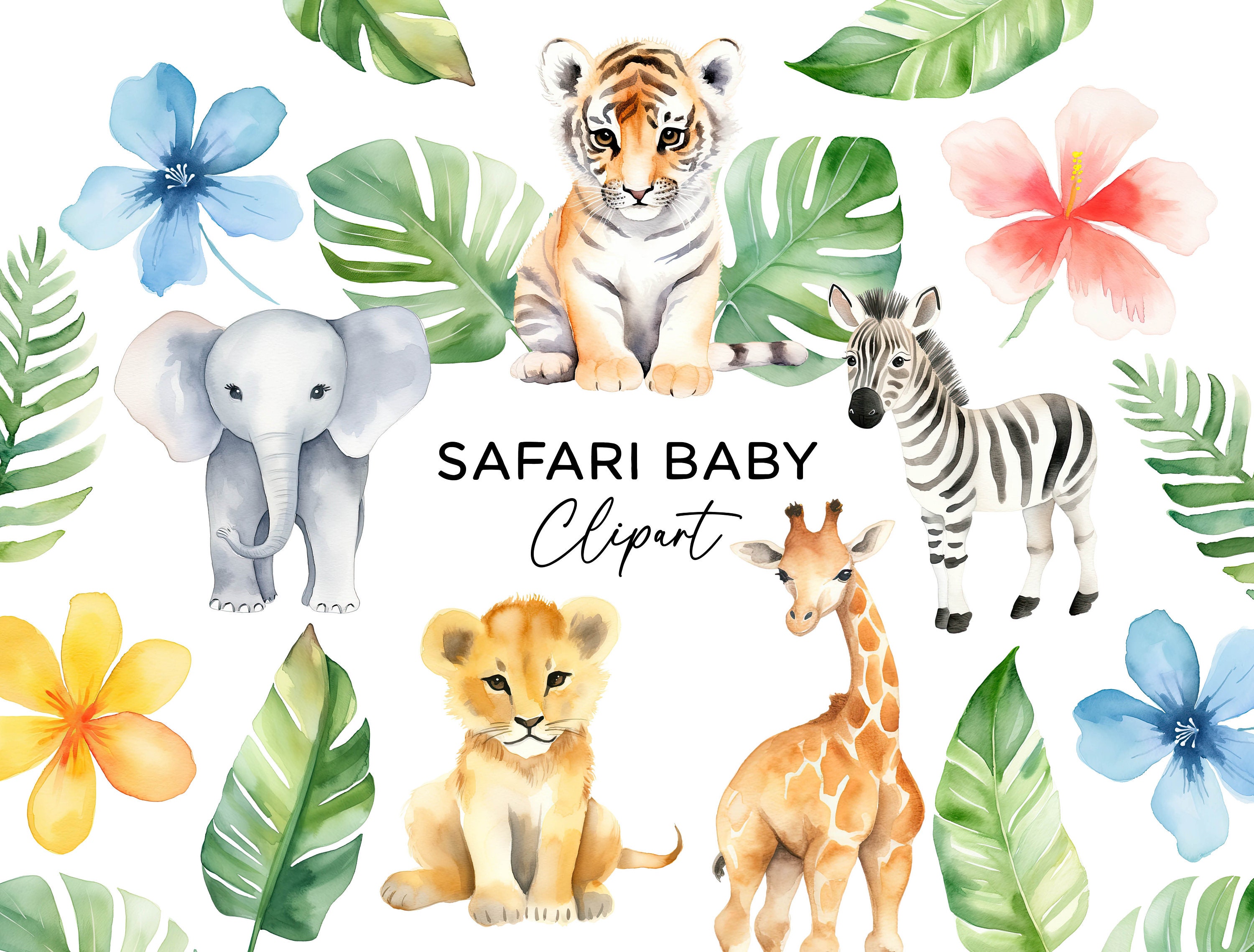 Safari Clipart Bundle, Watercolor Baby Jungle Zoo Animals Tropical ...