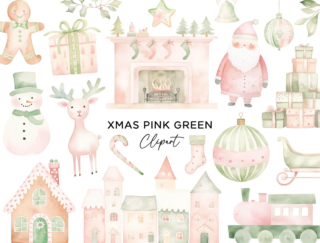 Christmas Clipart Bundle, PNG Digital Watercolor Santa Pink Green ...