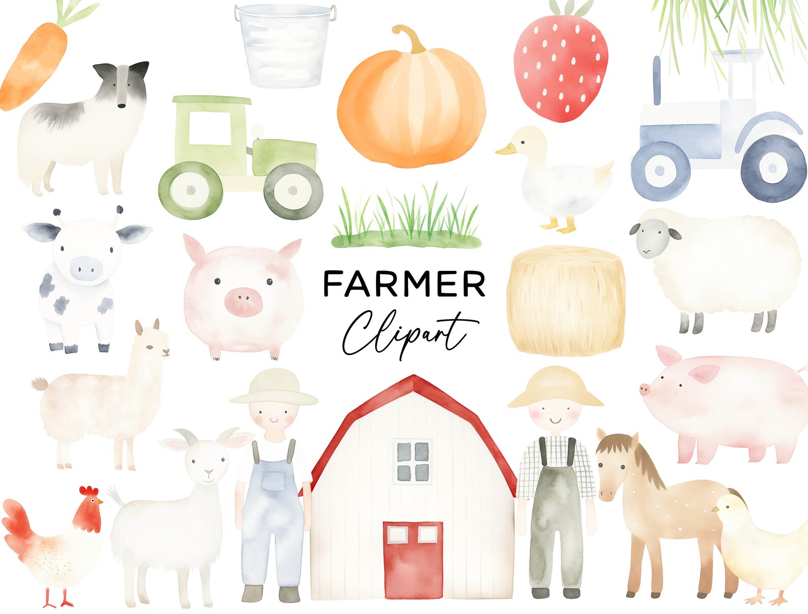 Farm Animal Clipart Bundle, Watercolor Barnyard Animals Pig Cow Horse ...