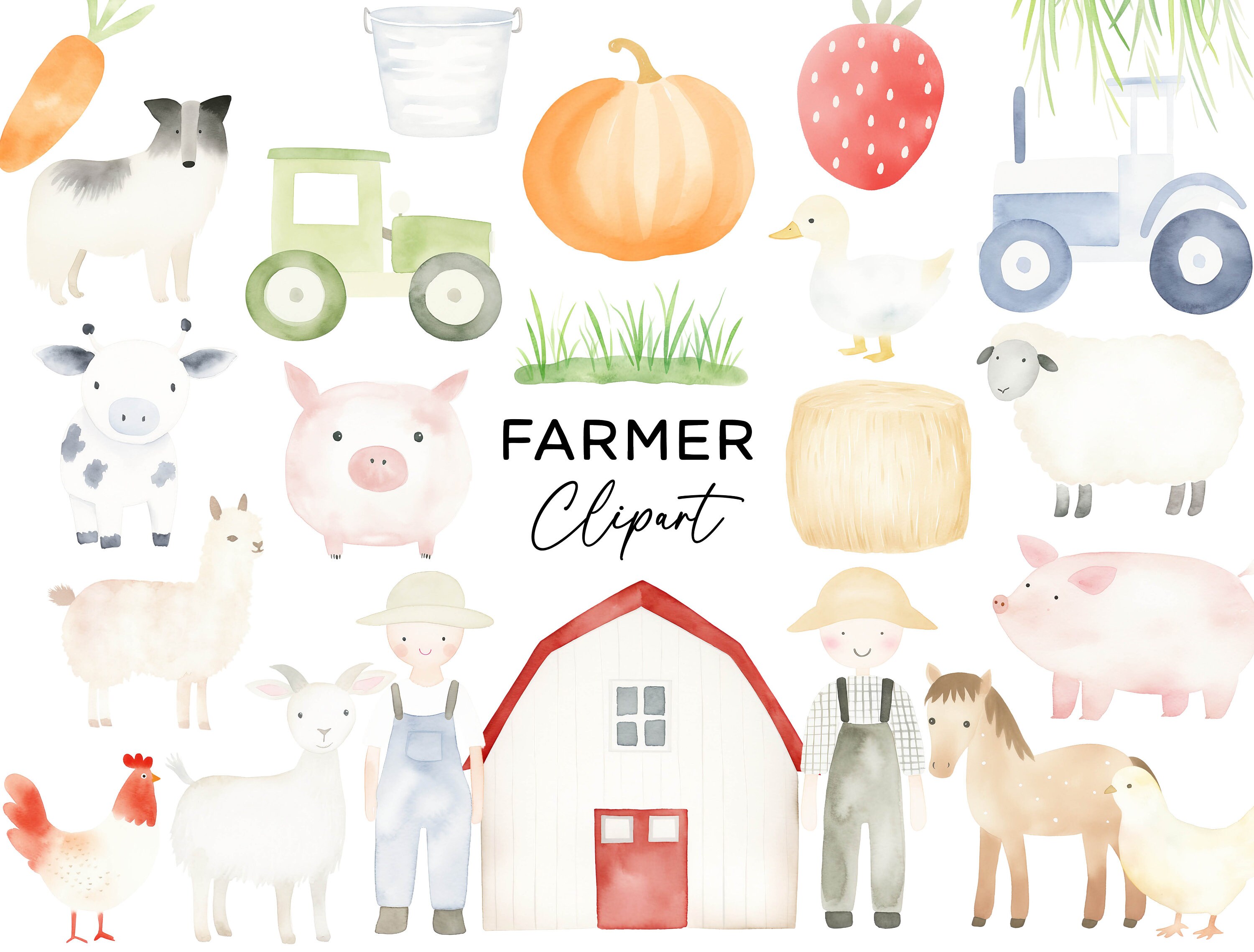 Farm Animal Clipart Bundle, Watercolor Barnyard Animals Pig Cow Horse ...