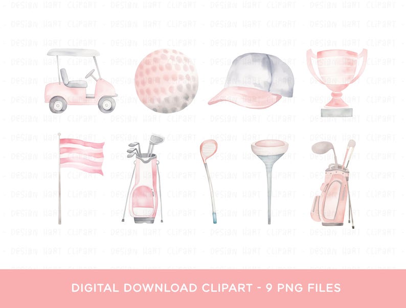 Golf Clipart Bundle, PNG Graphics Digital Download Watercolor Pink ...