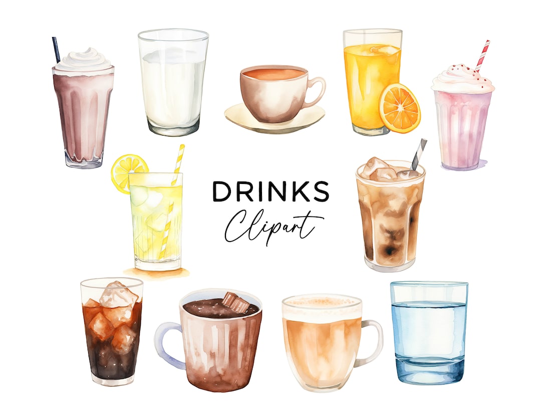 Drinks Clipart Bundle, Watercolor Coffee Juice Milkshake Soda Cola ...