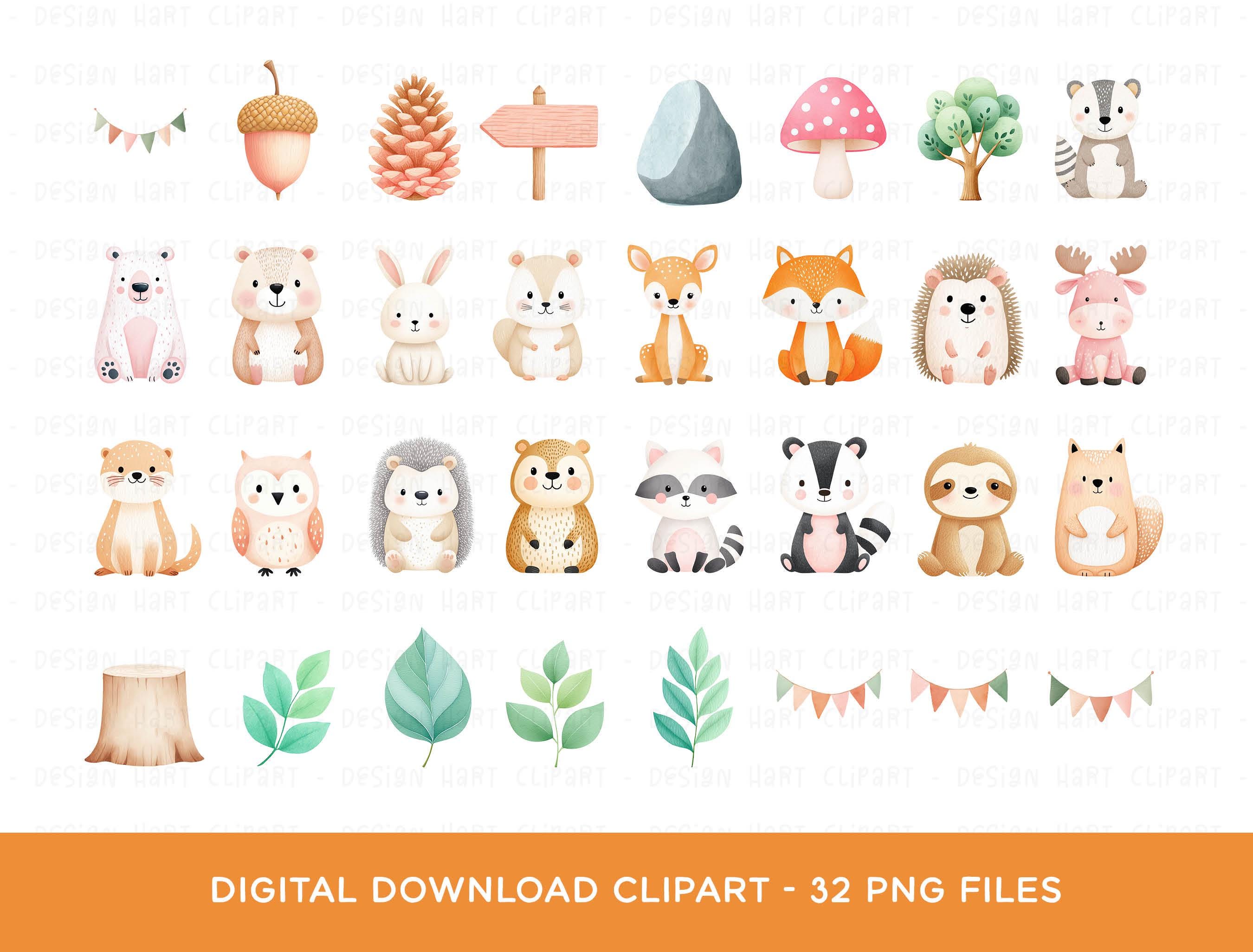 Woodland Animals Watercolor Clipart, Forest PNG Bundle Cute Fox Bear ...