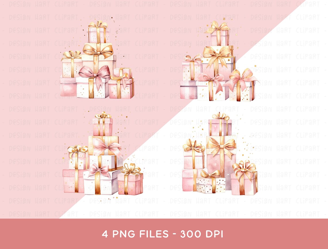 Presents Clipart Bundle, Pastel Pink & Gold Gift Boxes, PNG Commercial ...