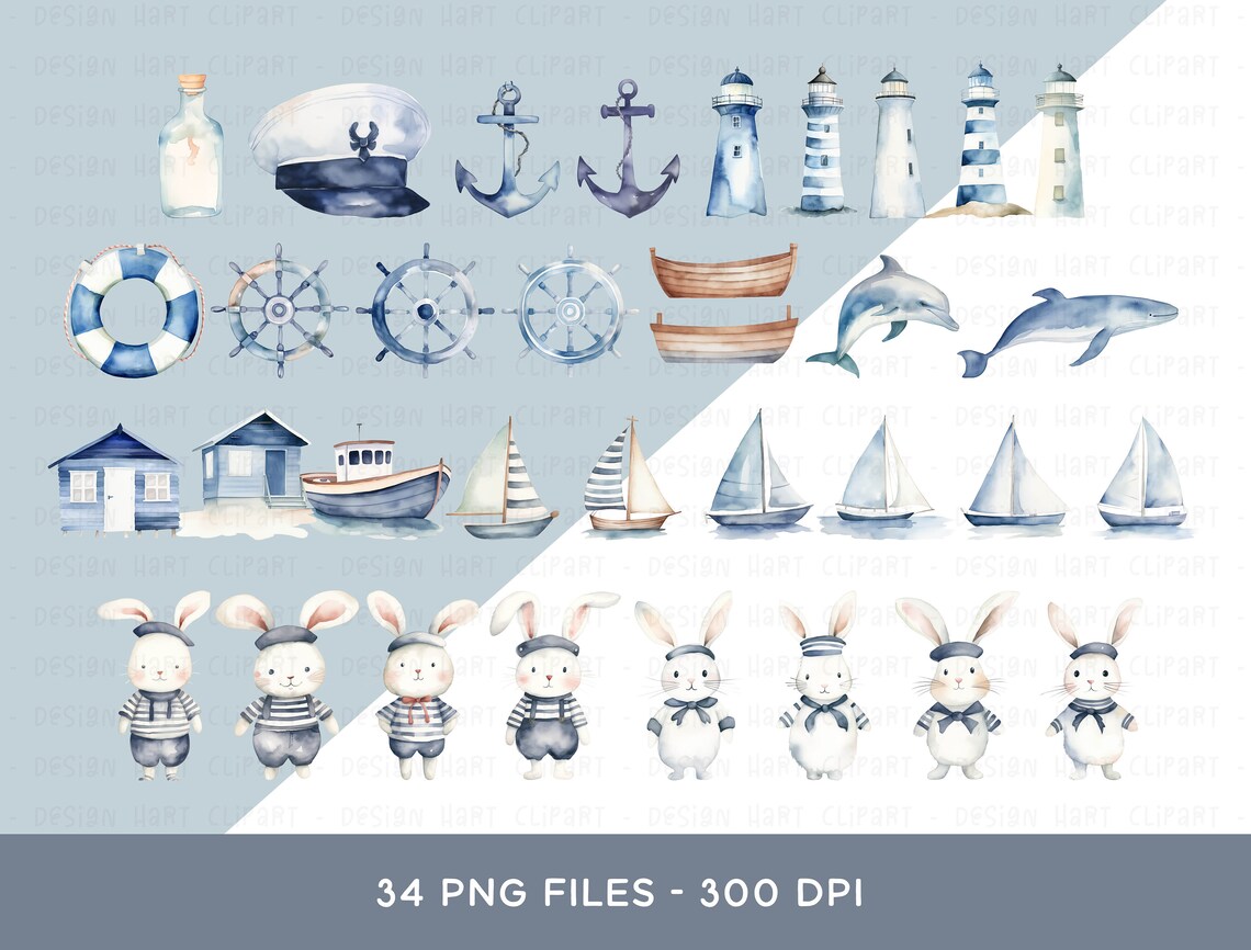 Sailor Bunny Clipart Bundle, Watercolor Captain Lighthouse Anchor Boat ...