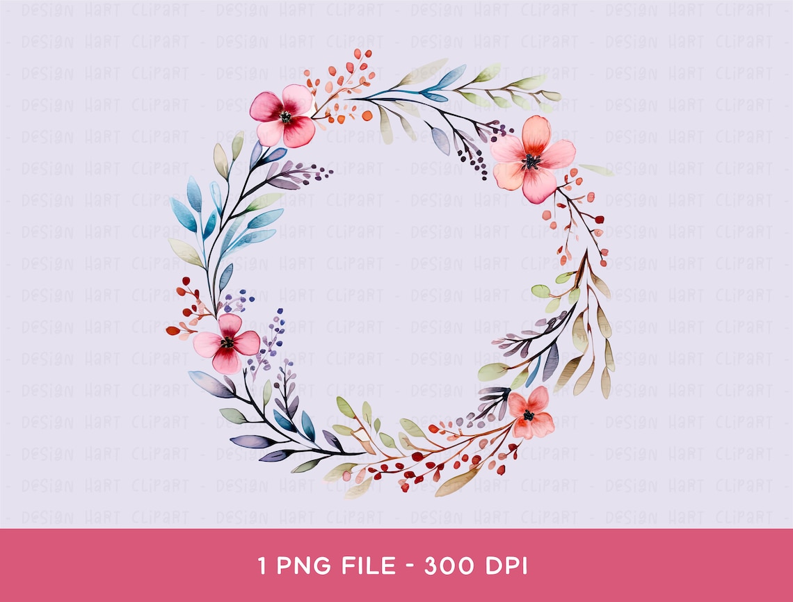 Botanical Wreath Clipart Watercolor Wildflower Floral PNG in Pink ...