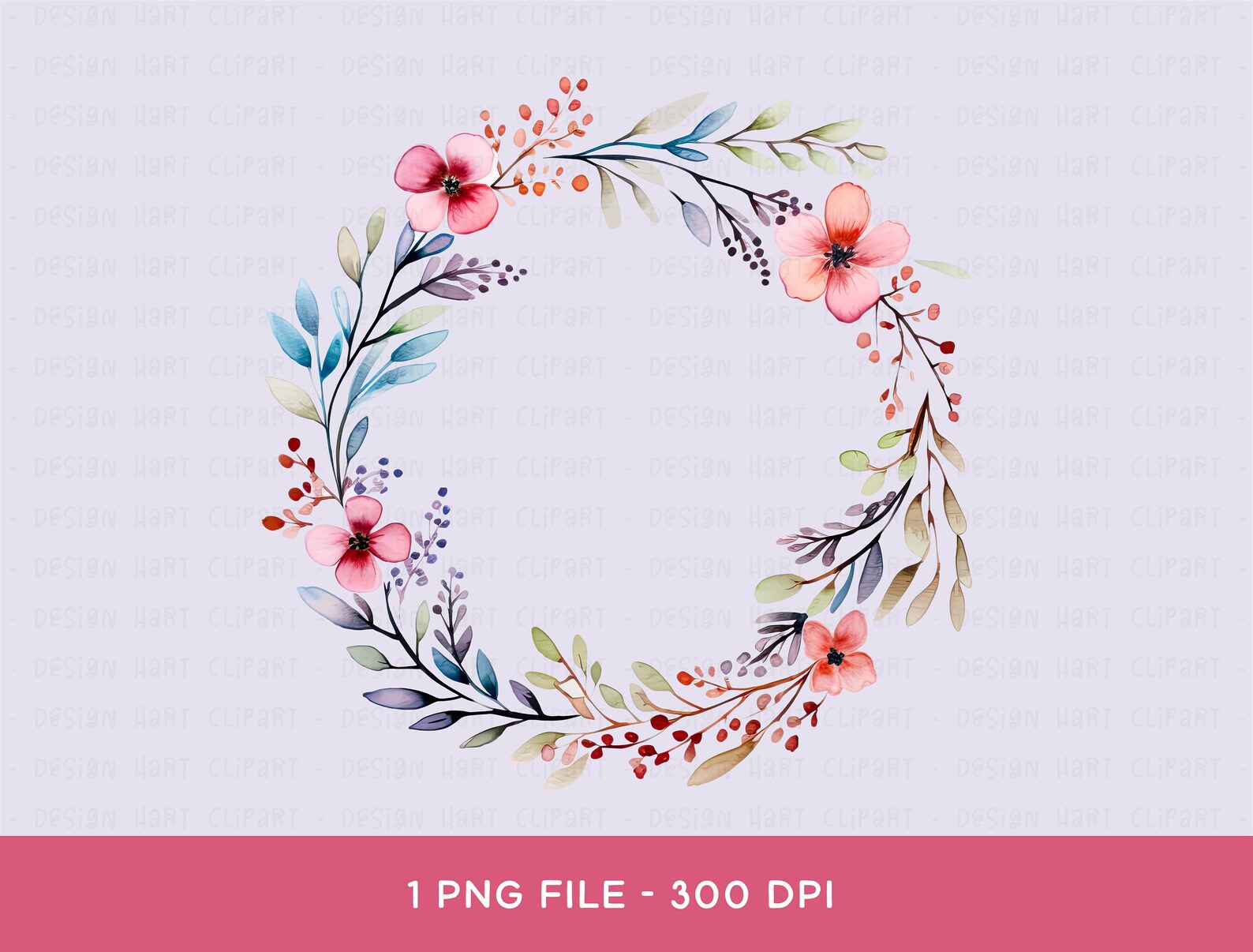 Botanical Wreath Clipart - Watercolor Wildflower Floral PNG in Pink ...
