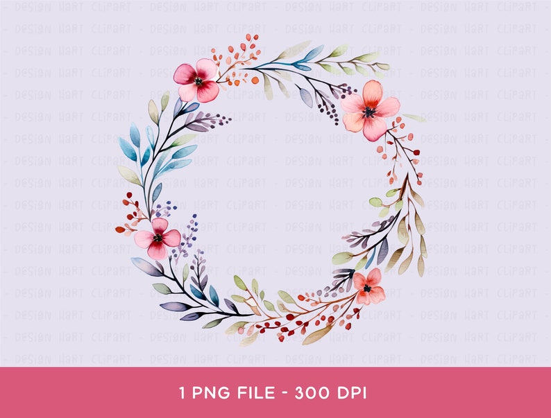 Botanical Wreath Clipart Watercolor Wildflower Floral PNG in Pink ...