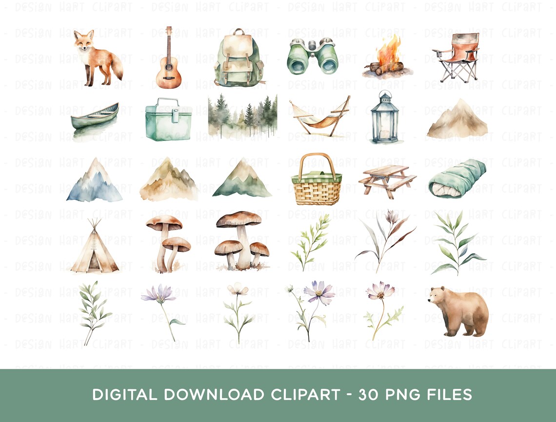 Camping Clipart Bundle, Adventure Watercolor Camper Tent Forest Animal ...