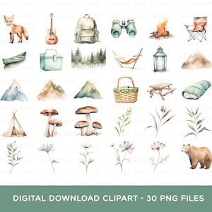 Camping Clipart Bundle, Adventure Watercolor Camper Tent Forest Animal ...