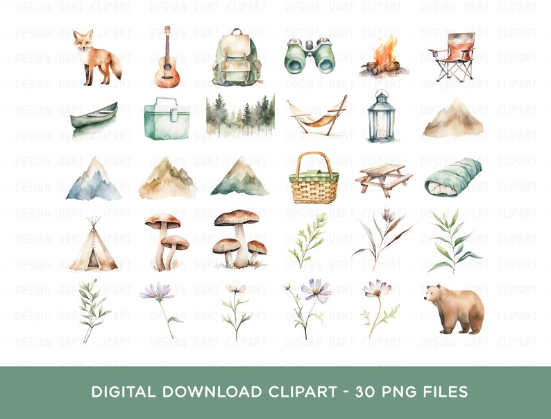 Camping Clipart Bundle, Adventure Watercolor Camper Tent Forest Animal ...