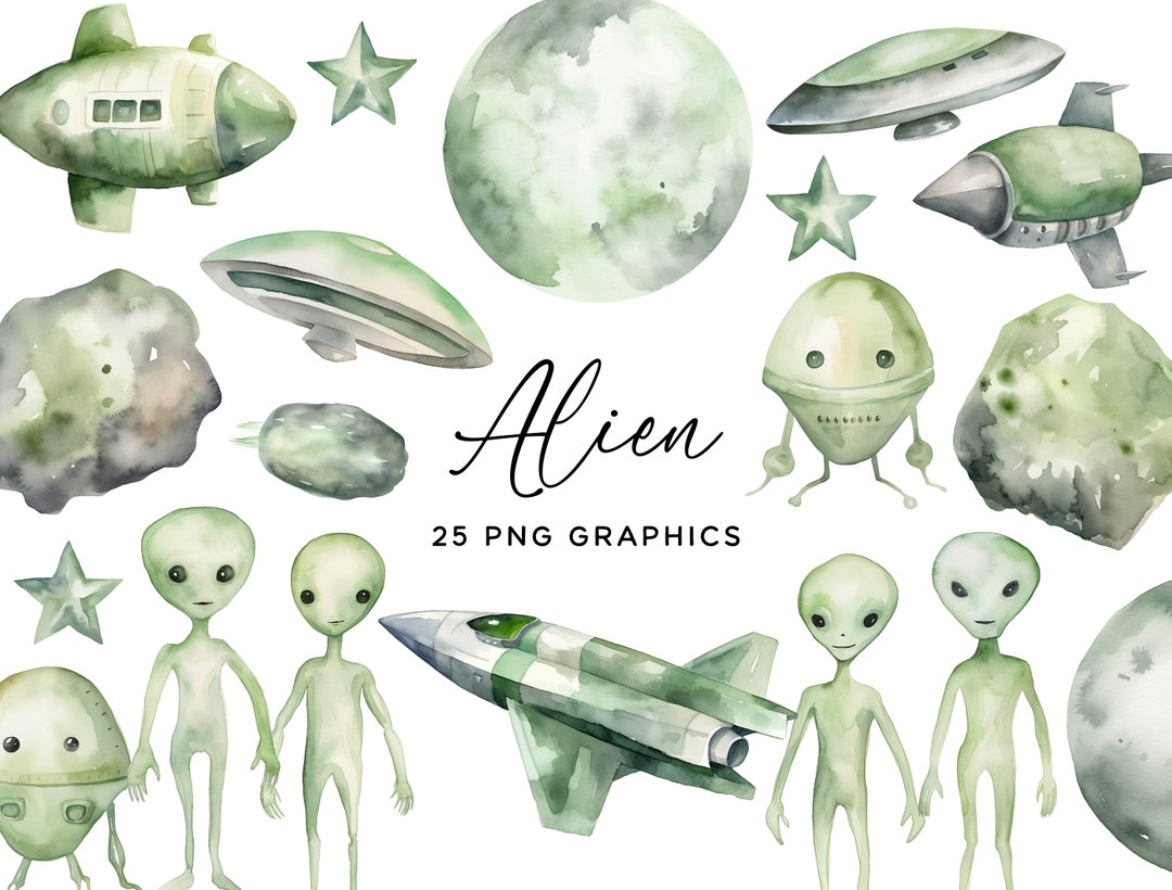 Alien Clipart Bundle - Watercolor Outer Space UFO Spaceship Planet ...