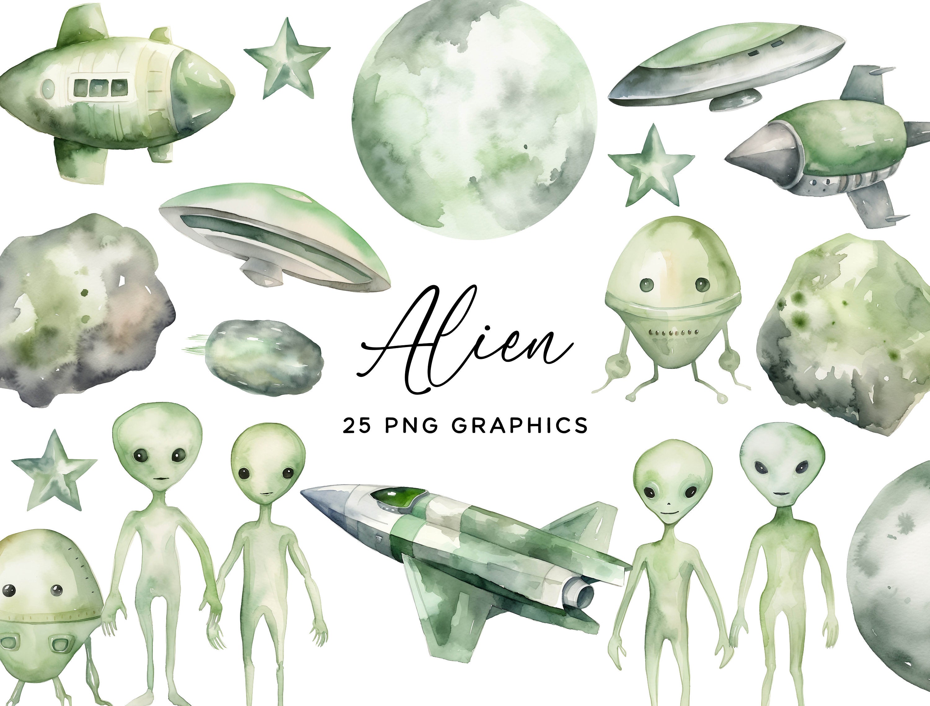 Alien Clipart Bundle Watercolor Outer Space UFO Spaceship Planet Green ...