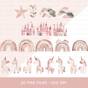 Unicorn Clipart Bundle, Cute Pink Unicorn Rainbow Magical Stars Clouds ...