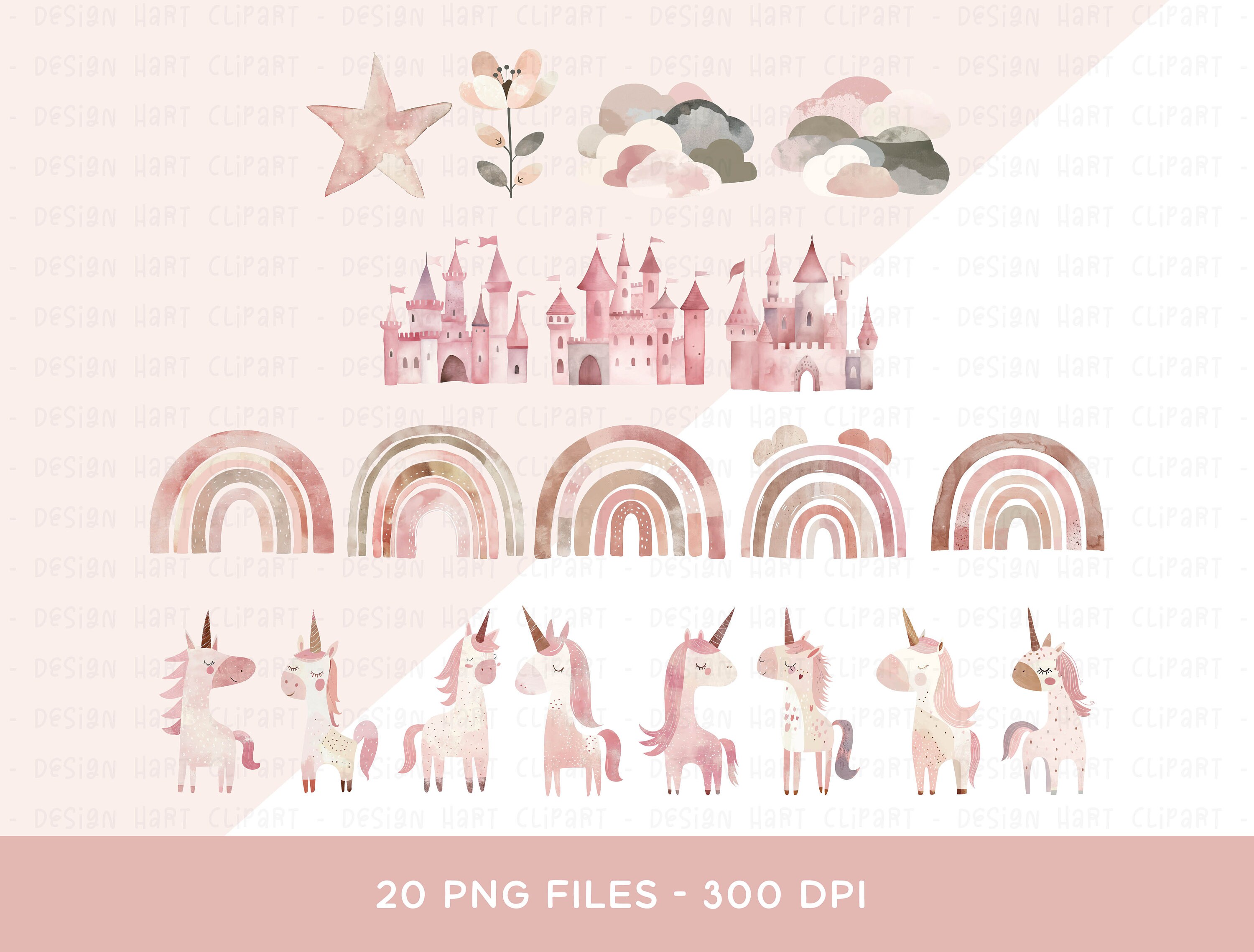 Unicorn Clipart Bundle, Cute Pink Unicorn Rainbow Magical Stars Clouds ...