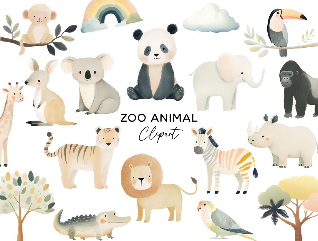 Zoo Clipart Bundle - Jungle Safari Animals Watercolor Lion Elephant ...