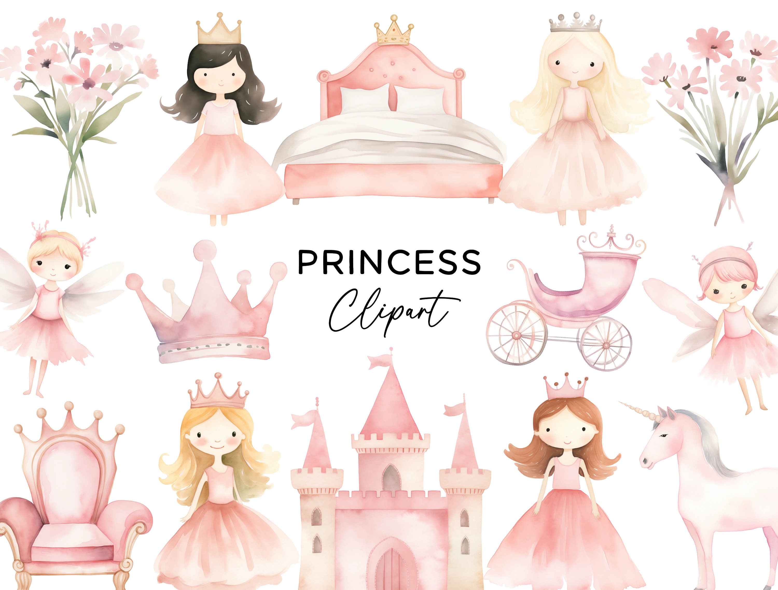 Princess Clipart Bundle, Watercolor Royal Castle Carriage Throne Floral ...
