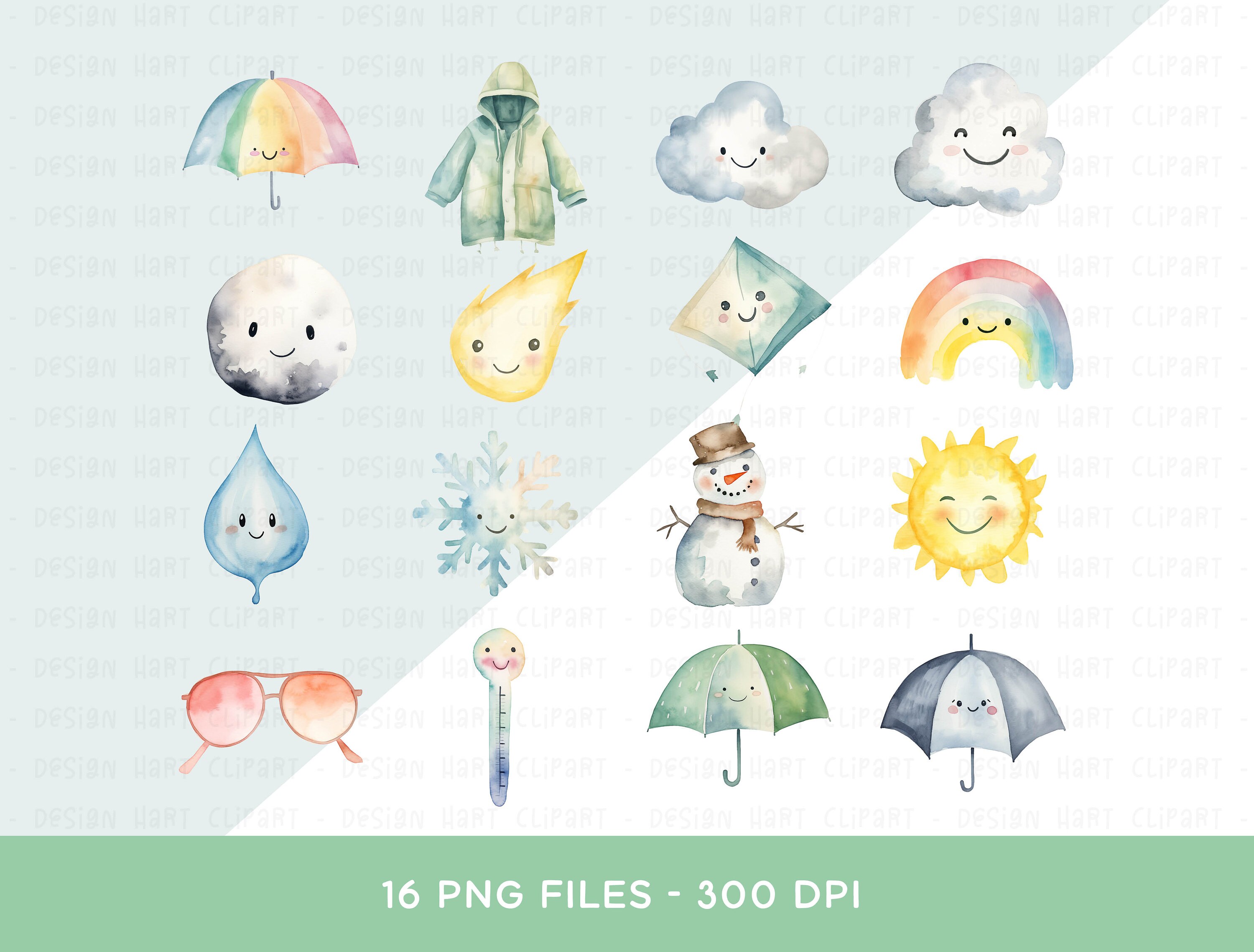 Weather Clipart Bundle, Watercolor Sun Cloud Rainbow Umbrella Moon Rain ...