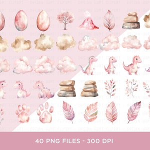 Dinosaur Clipart Bundle, Watercolor Girls Pink T-rex Prehistoric Dino ...