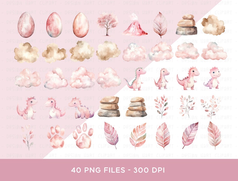 Dinosaur Clipart Bundle, Watercolor Girls Pink T-rex Prehistoric Dino ...