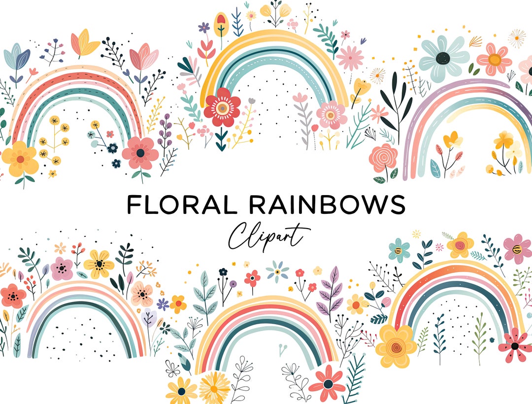 Rainbows Clipart Bundle, Colorful Floral PNG Graphics for Invitations ...