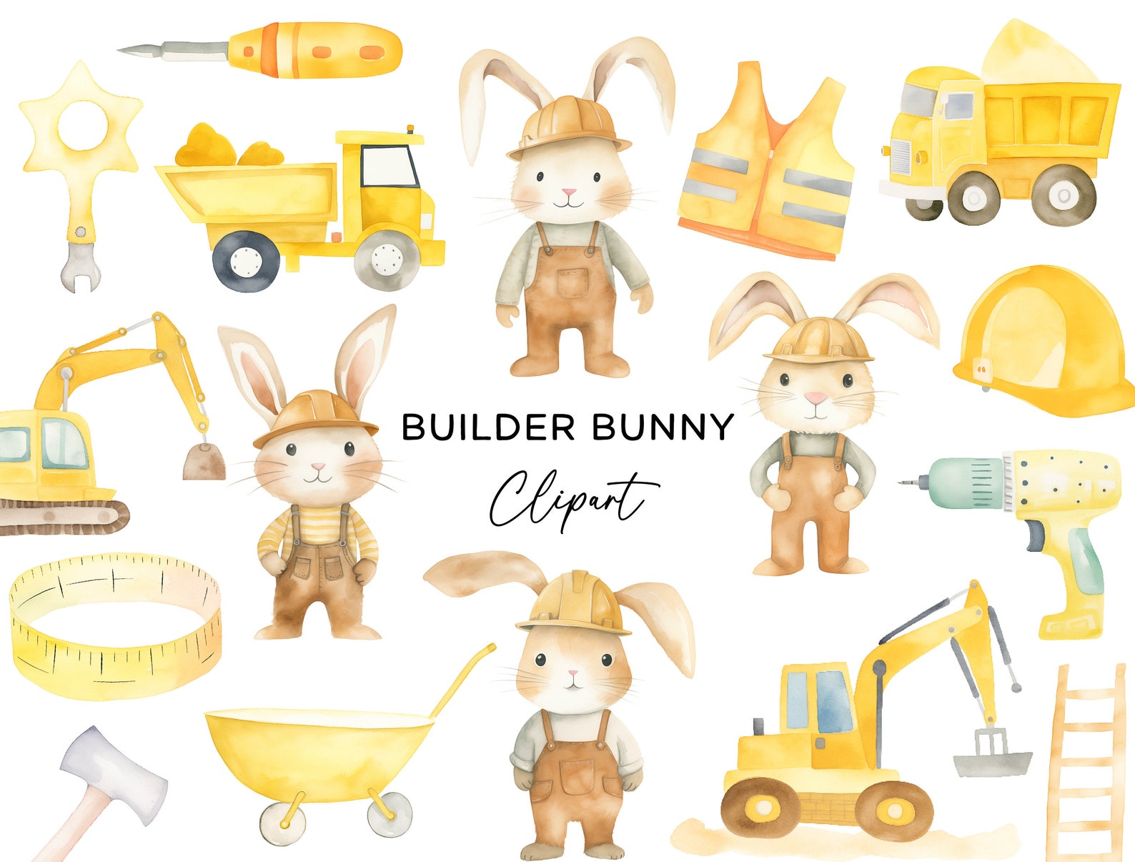 Builder Bunny Clipart Bundle, Construction Rabbit Digger Excavator Dump ...