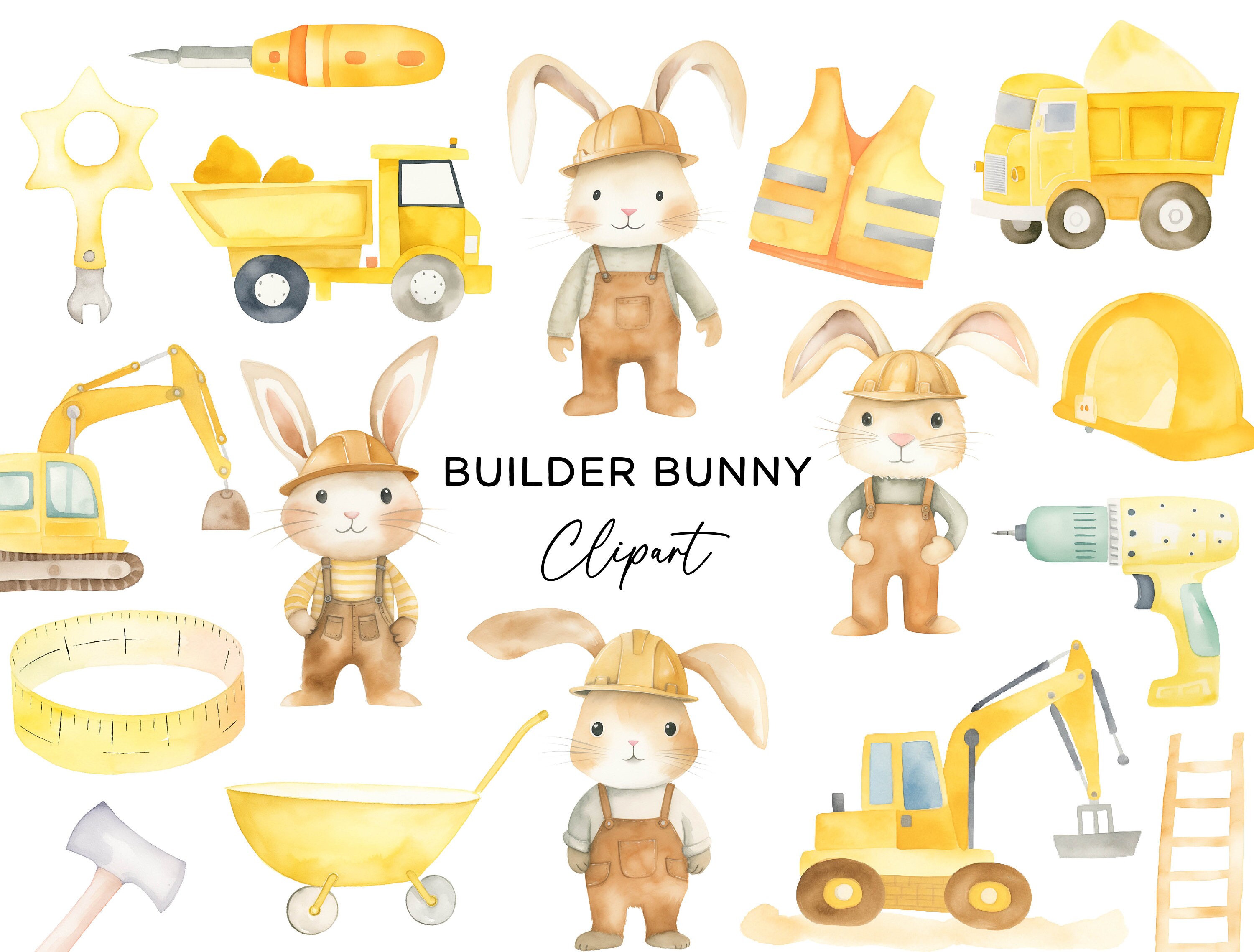 Builder Bunny Clipart Bundle, Construction Rabbit Digger Excavator Dump ...