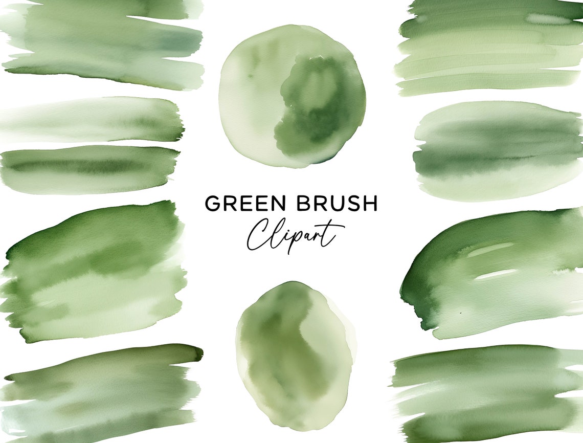 Brush Stroke Clipart Bundle, Sage Green Watercolor Smudge Splodge Stain ...