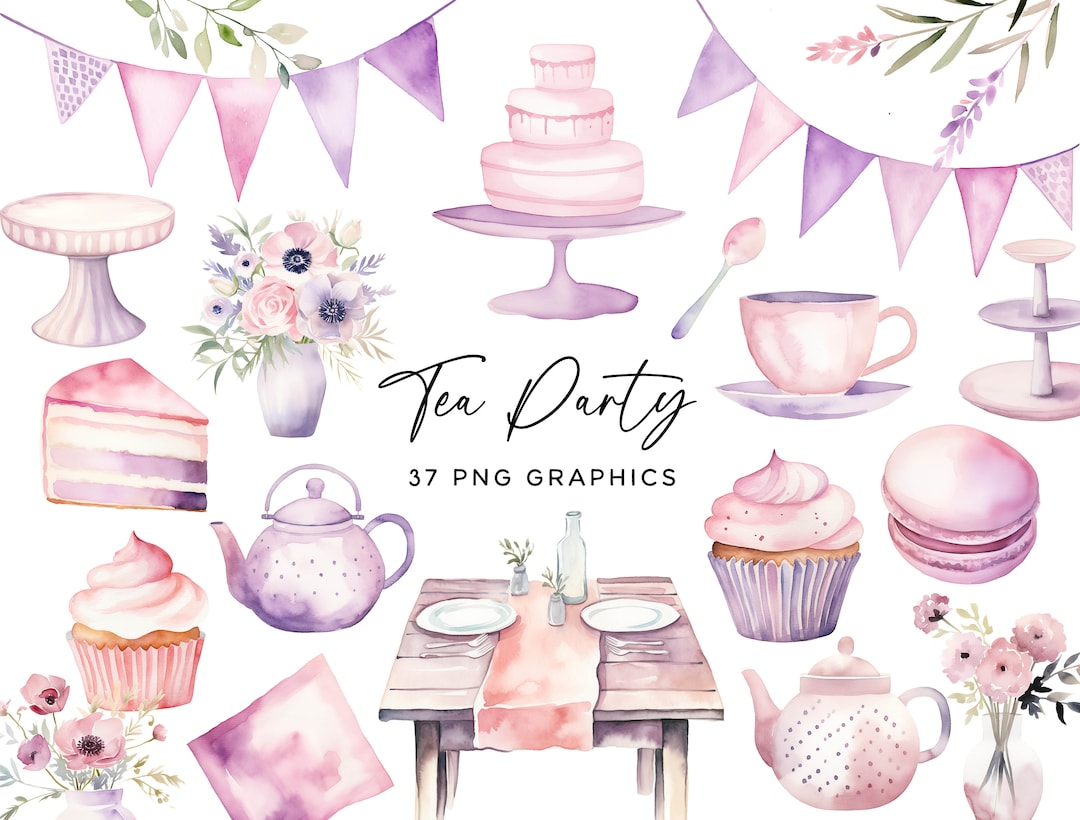 Tea Party Clipart Bundle - Watercolor Pink & Purple Teapot Teacup ...