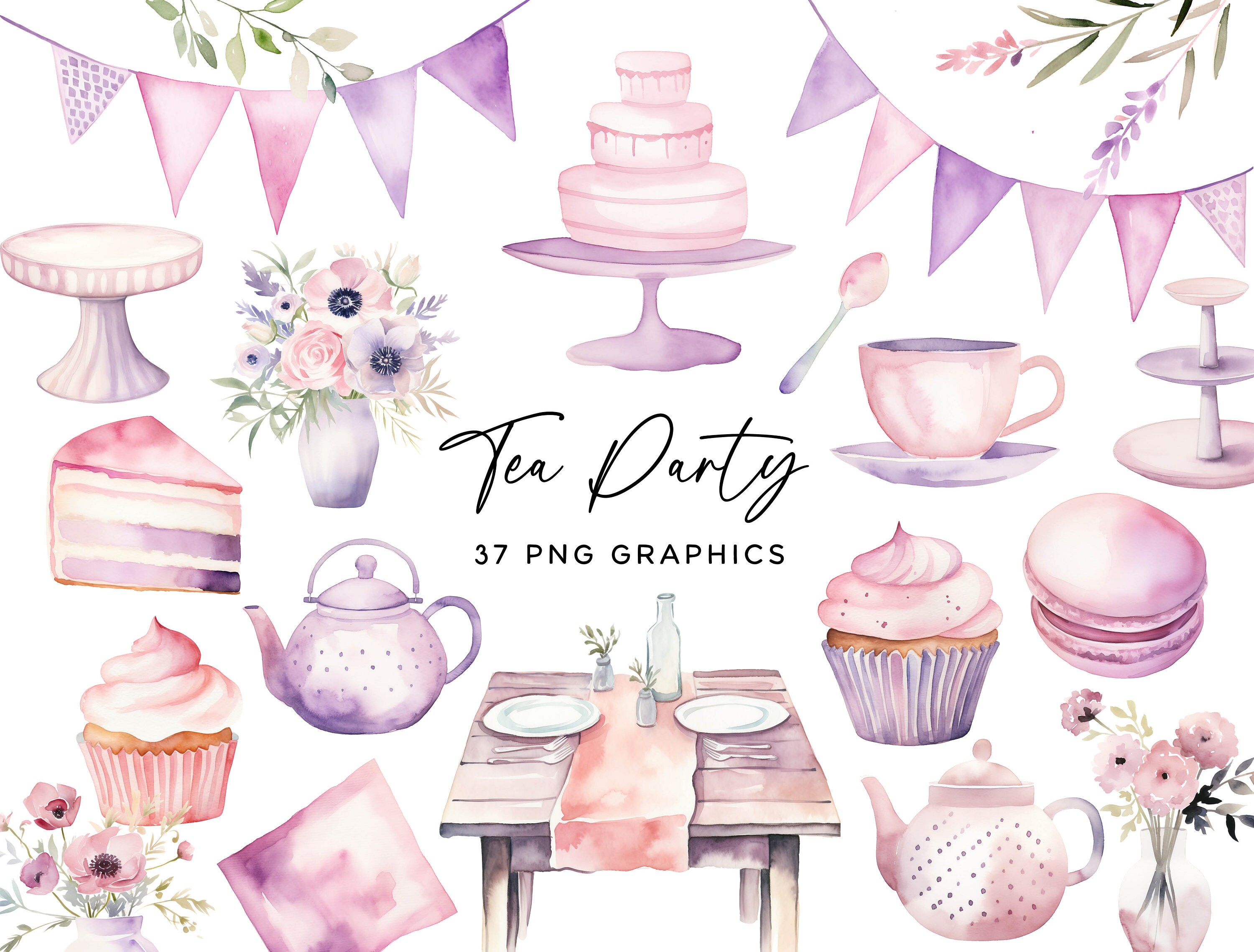 Tea Party Clipart Bundle Watercolor Pink & Purple Teapot Teacup Cupcake ...