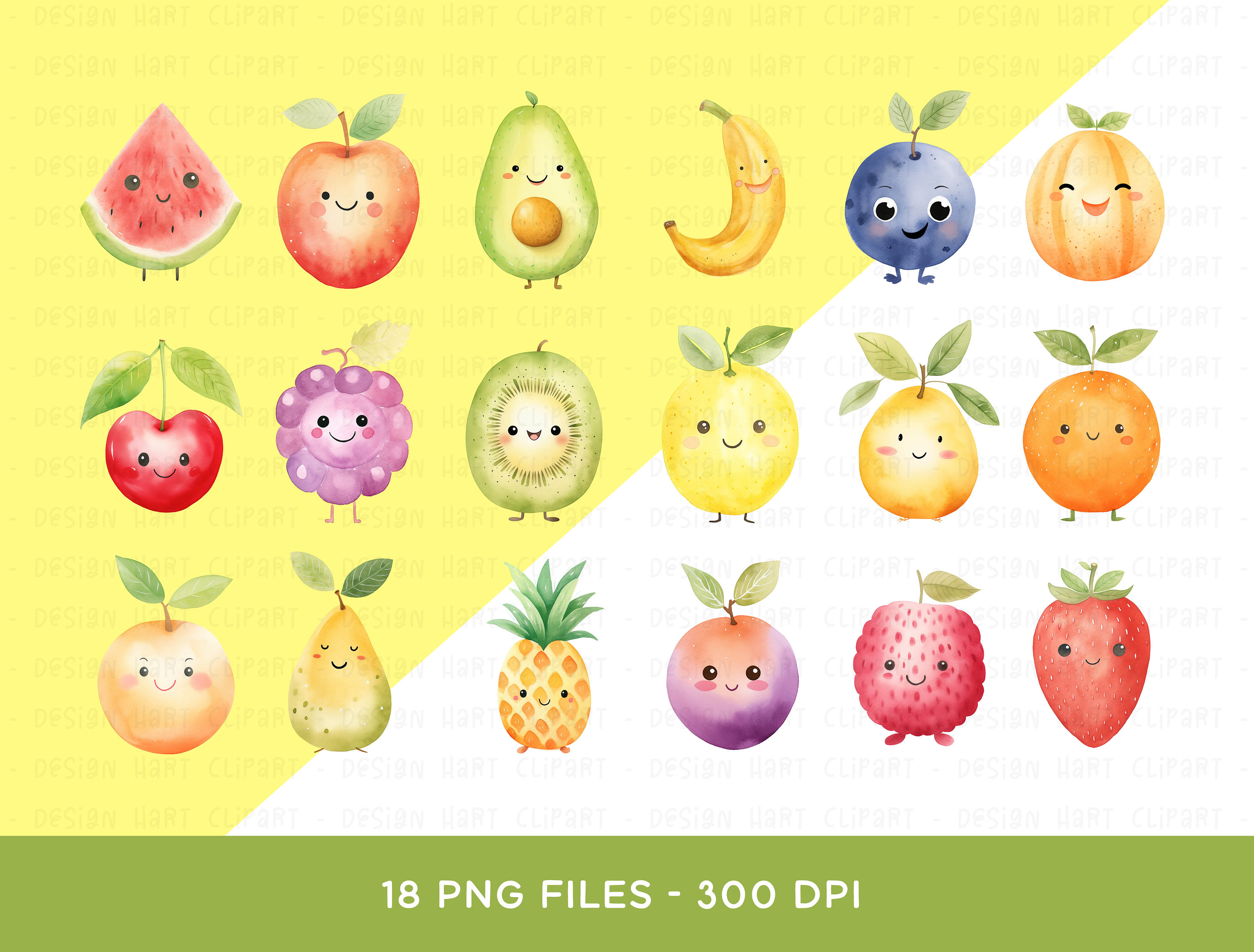 Happy Fruit Clipart Bundle Watercolor Cute Smiling Apple Banana ...