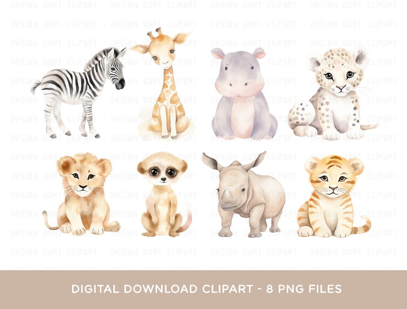 Baby Animals Clipart Bundle - Safari Jungle Zoo Lion Watercolor PNG for ...