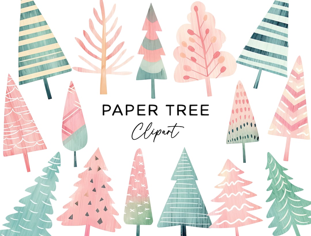 Pastel Christmas Tree Clipart Bundle, Modern Paper Trees in Pink Blue ...