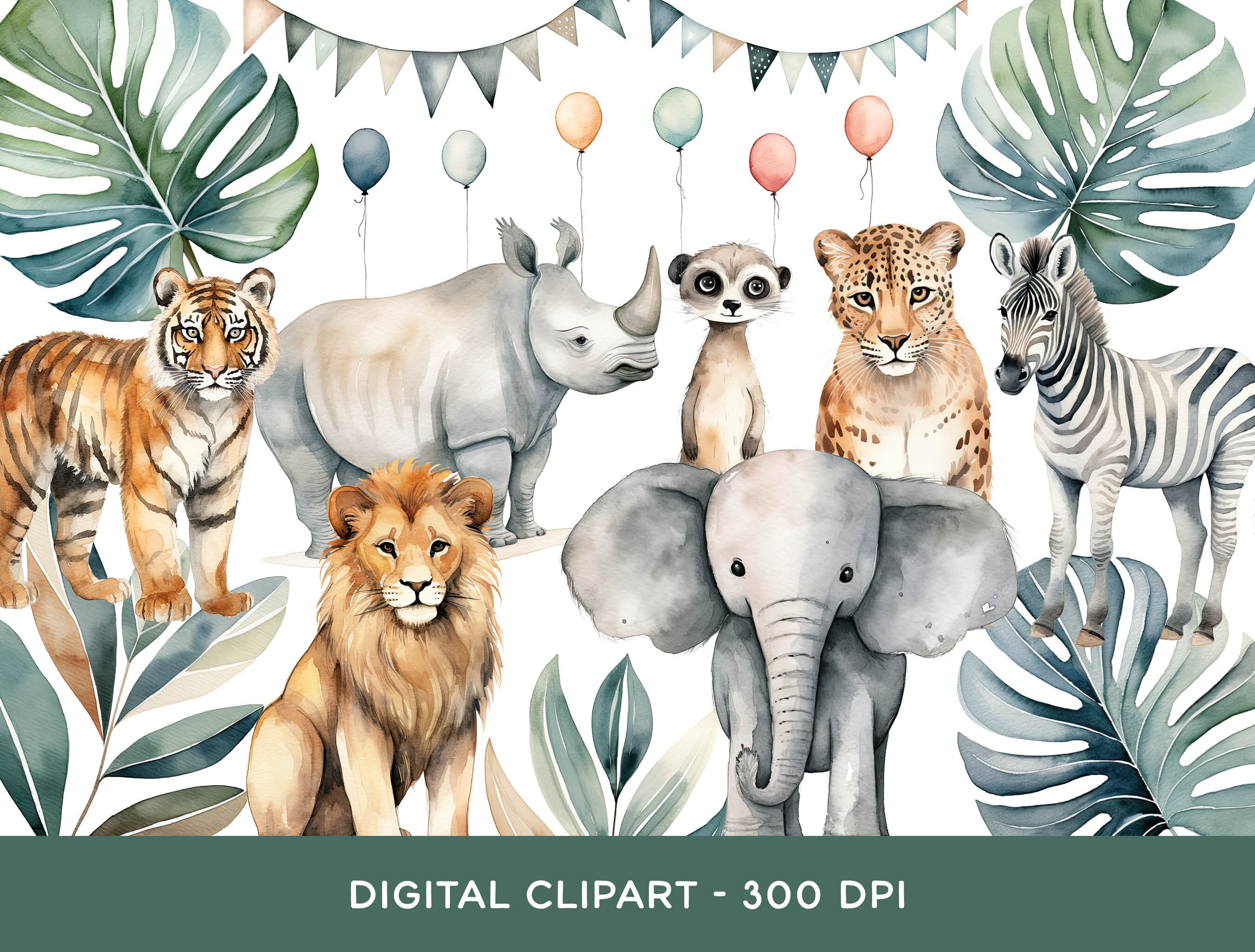 Safari Party Clipart Bundle, Jungle Zoo Animals Leaves Balloons PNG ...