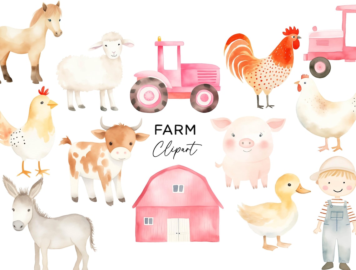 Farm Animal Clipart Bundle, Watercolor Pink Barnyard Pig Cow Horse ...