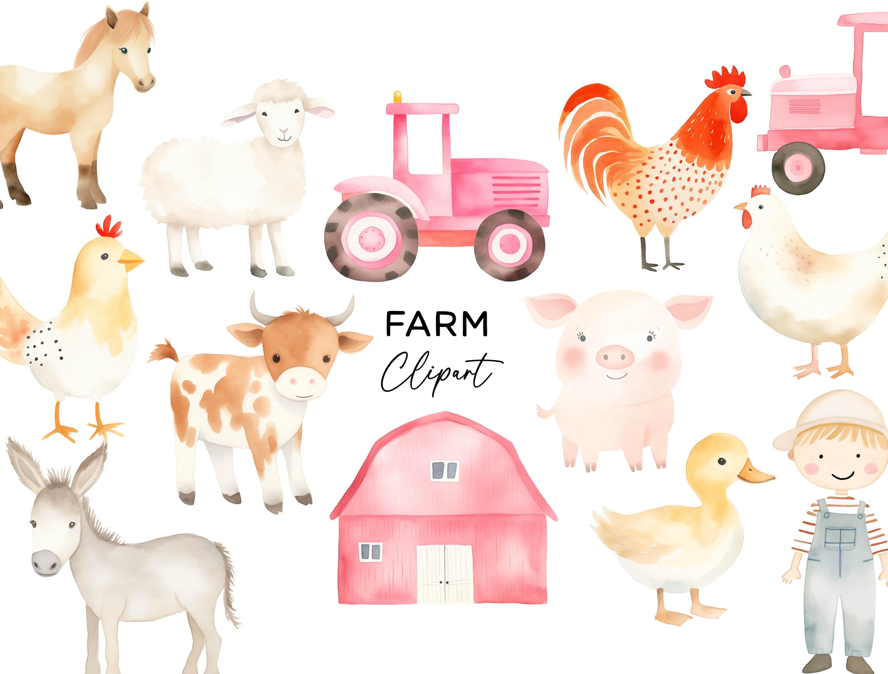 Farm Animal Clipart Bundle, Watercolor Pink Barnyard Pig Cow Horse ...