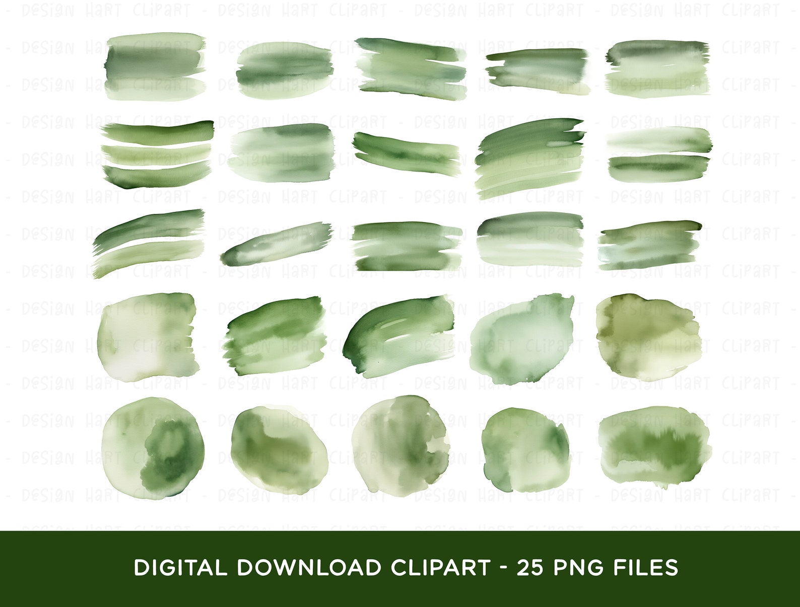 Brush Stroke Clipart Bundle, Sage Green Watercolor Smudge Splodge Stain ...