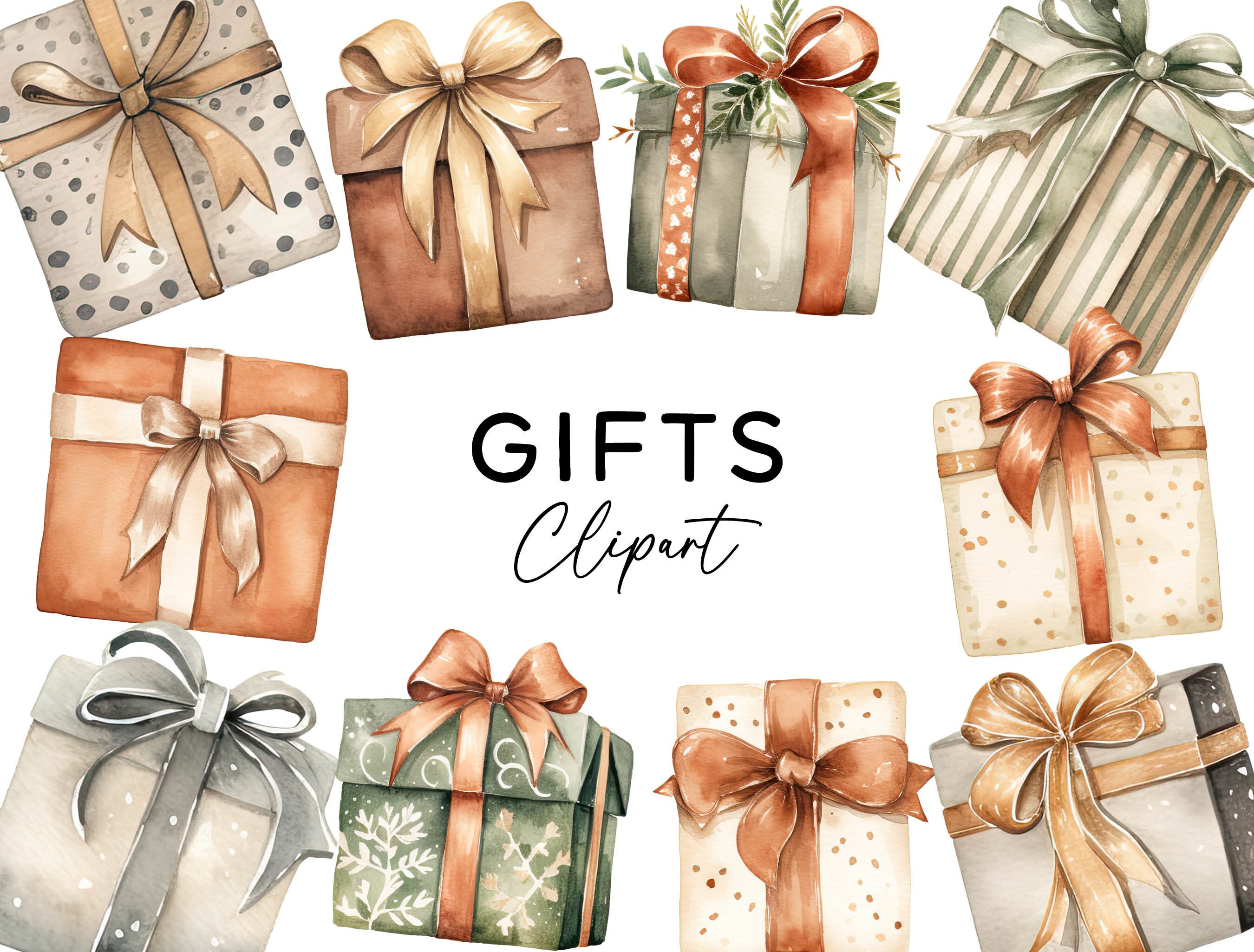 Gift Boxes Clipart Bundle, Boho Watercolor Presents PNG Graphics ...