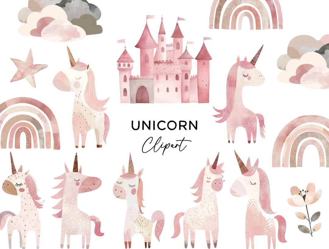 Unicorn Clipart Bundle, Cute Pink Unicorn Rainbow Magical Stars Clouds ...