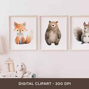 Woodland Animals Watercolor Clipart, Forest PNG Bundle Cute Fox Bear ...