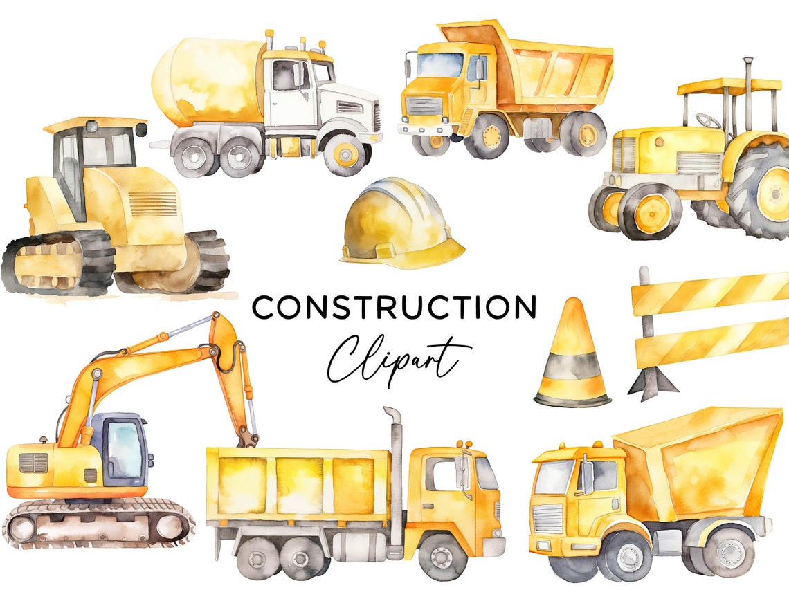 Construction Clipart Bundle, Vehicles Watercolor Digger Excavator Dump ...