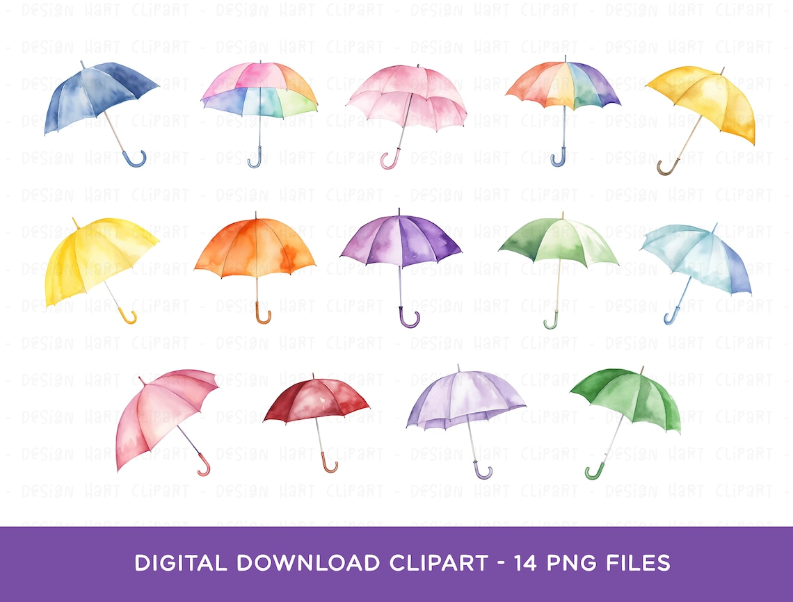 Umbrellas Clipart Bundle, Watercolor Brollies Rain Winter Graphics PNG ...