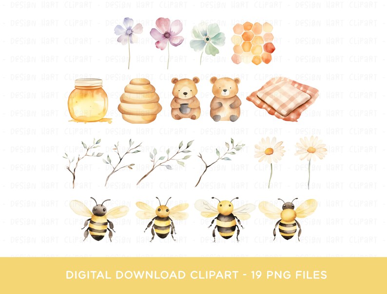 Bee Clipart Bundle, Watercolor Bumble Bee Honeycomb Picnic PNG ...