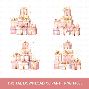 Presents Clipart Bundle, Pastel Pink & Gold Gift Boxes, PNG Commercial ...