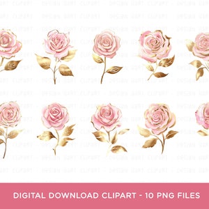 Gold Rose Clipart Bundle, Watercolor Pink Gold Roses, Floral Botanical ...