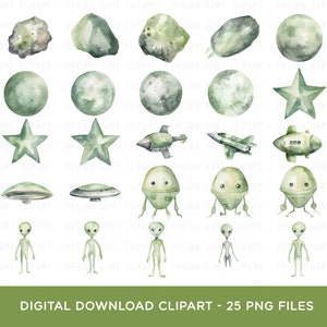 Alien Clipart Bundle - Watercolor Outer Space UFO Spaceship Planet ...
