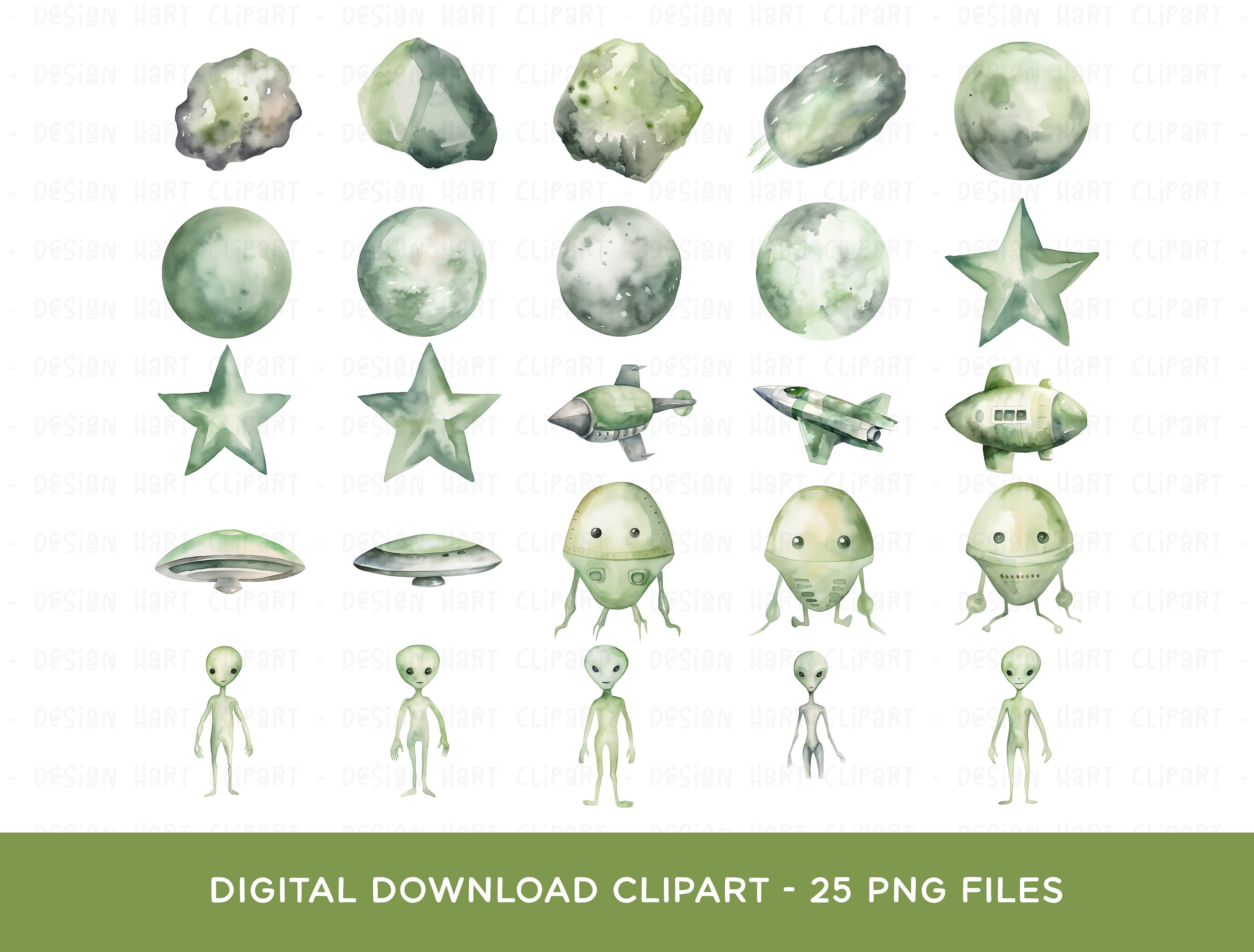 Alien Clipart Bundle Watercolor Outer Space UFO Spaceship Planet Green ...
