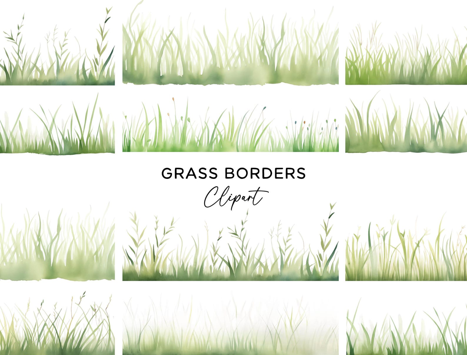 Grass Borders Clipart Bundle, PNG Digital Download Watercolor Green ...